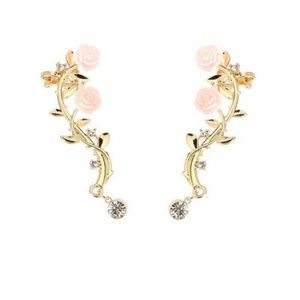Jewelry | Gold Leafy Pink Rose Cuff Ear Vine Wrap Earrings | Poshmark